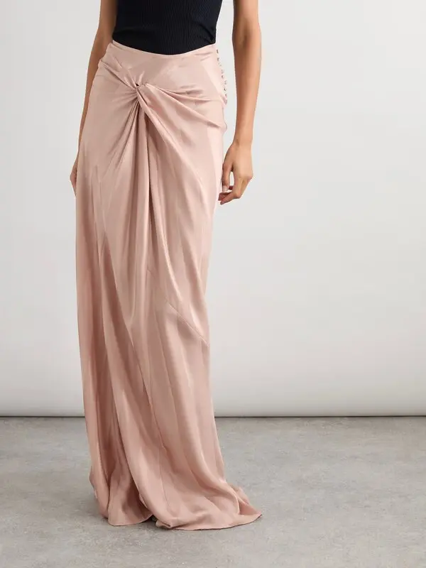 Dries Van Noten Twist-front Gathered Silk-satin Jacquard Maxi Skirt - Nude