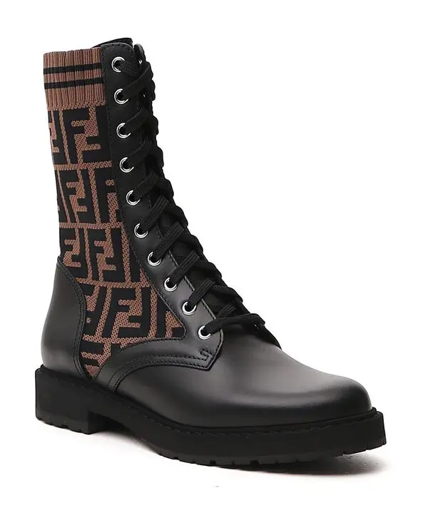 Fendi Leather Biker Boots With Stretch Fabric And Logo Detailing - Black
