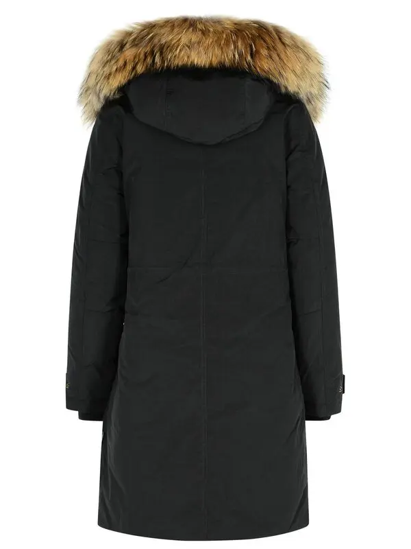 Woolrich Long Sleeve Hooded Coat With Raccoon Fur Trim - Black