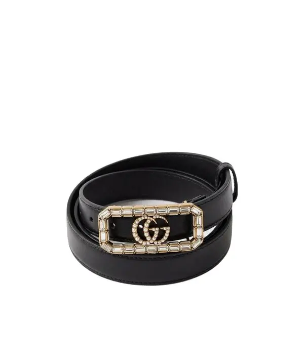 Gucci Embellished Double G Thin Belt - Black