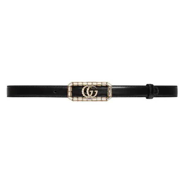 Gucci Embellished Double G Thin Belt - Black