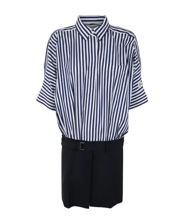 Sacai Striped Shirt Dress With Chest Patch Pocket And Belted Skirt - No