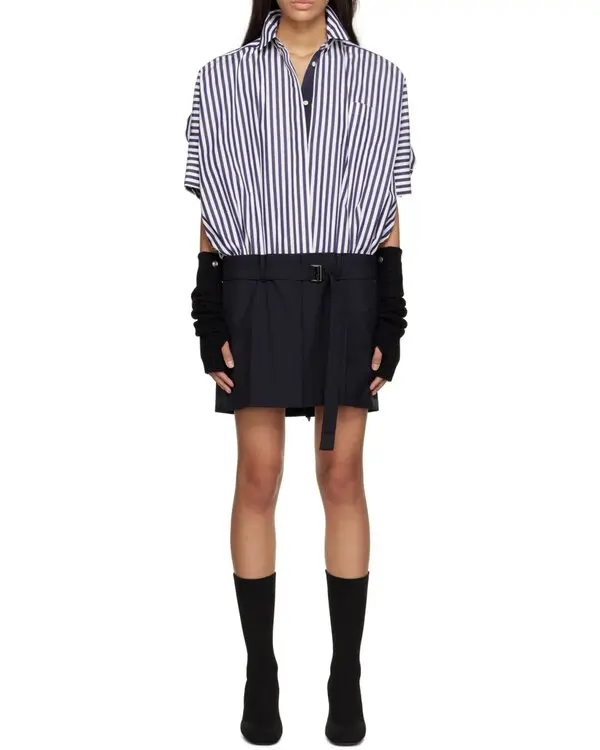 Sacai Striped Shirt Dress With Chest Patch Pocket And Belted Skirt
