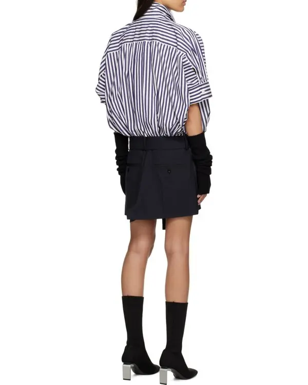 Sacai Striped Shirt Dress With Chest Patch Pocket And Belted Skirt