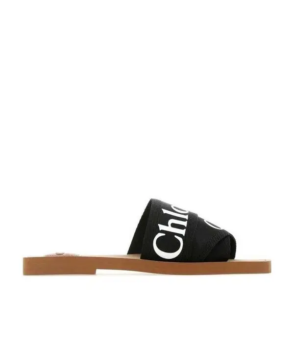 Chloé Woody Logo Strap Flat Sandals - Black