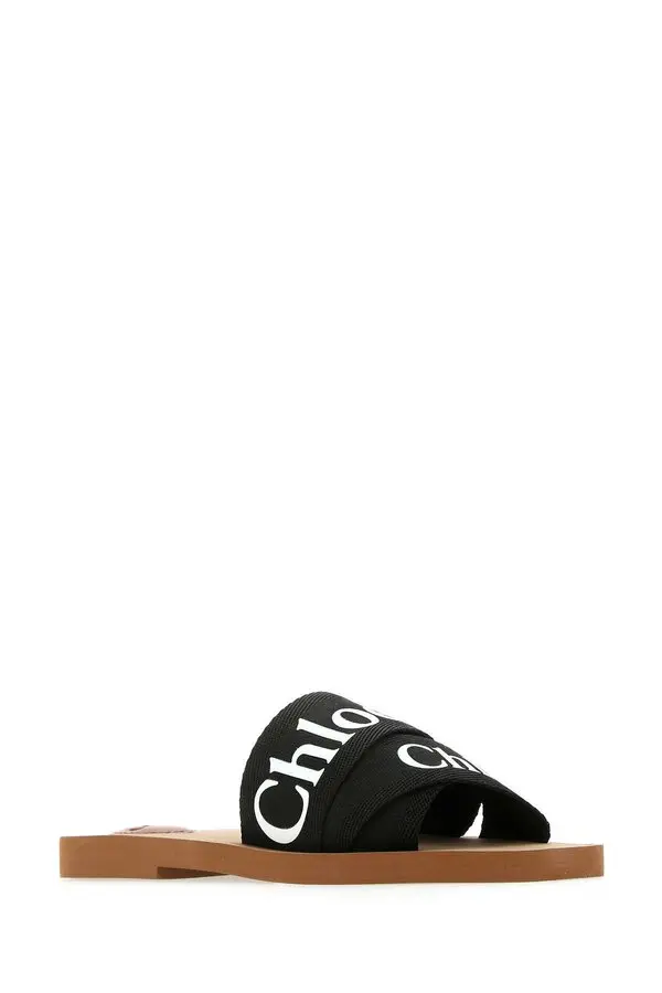 Chloé Woody Logo Strap Flat Sandals - Black