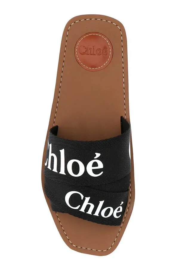 Chloé Woody Logo Strap Flat Sandals - Black
