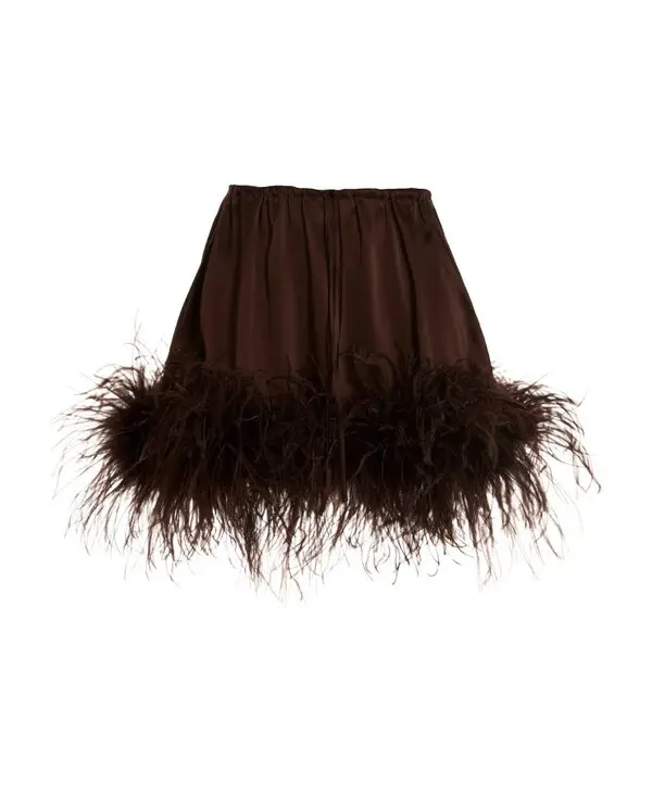Oseree Feather Trimmed Drawstring Mini Skirt - Black