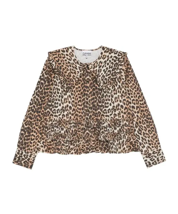 GANNI Ruffled Leopard Print Long Sleeve Top