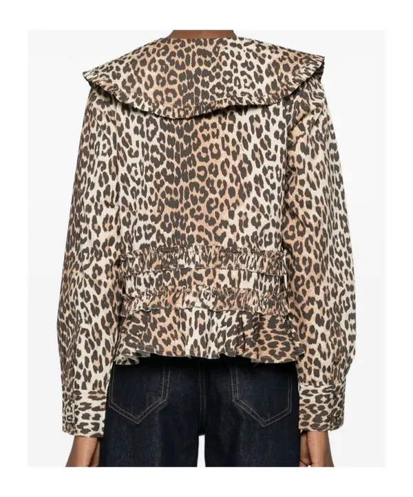 GANNI Ruffled Leopard Print Long Sleeve Top