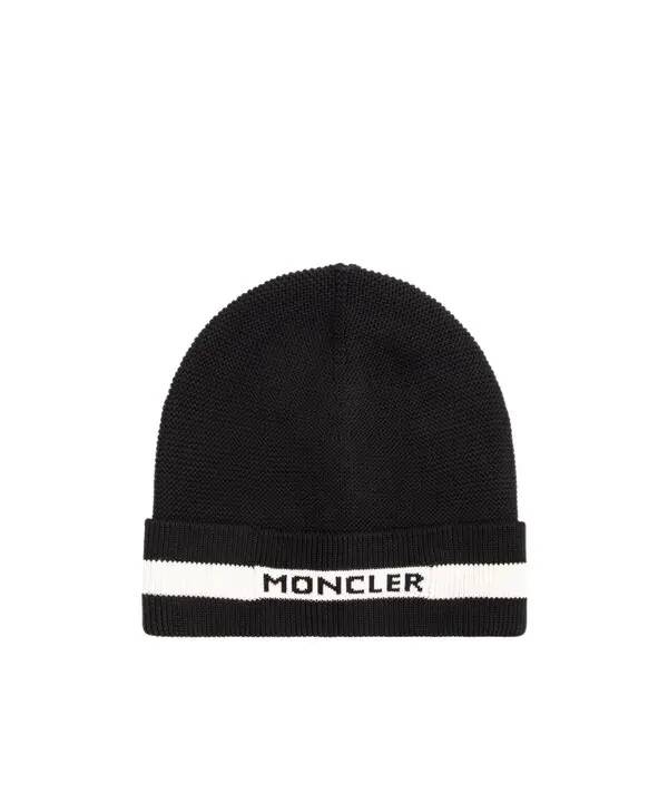 Moncler Logo Intarsia Knit Beanie - Black