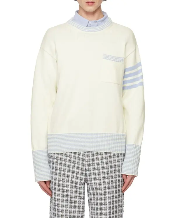 Thom Browne Hector Crew Neck Sweater With Tricolor Splicing - White