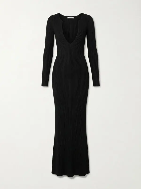 AYA MUSE Ribbed Plunge Neck Long Sleeve Maxi Dress