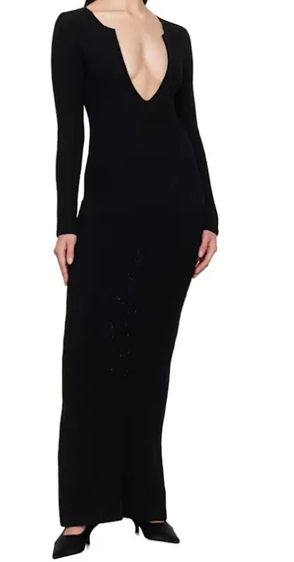 AYA MUSE Ribbed Plunge Neck Long Sleeve Maxi Dress