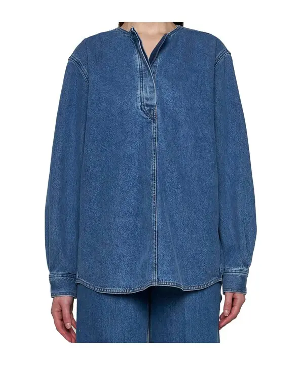 TOTEME Band Collar Buttoned Denim Shirt