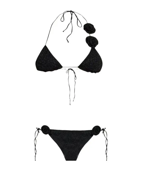 Oseree Nylon Blend Bikini With Floral Embellishments - Black