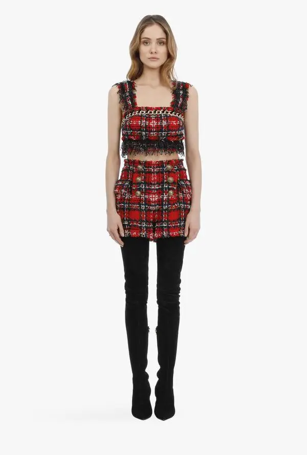 Balmain Frayed Check Tweed Shorts