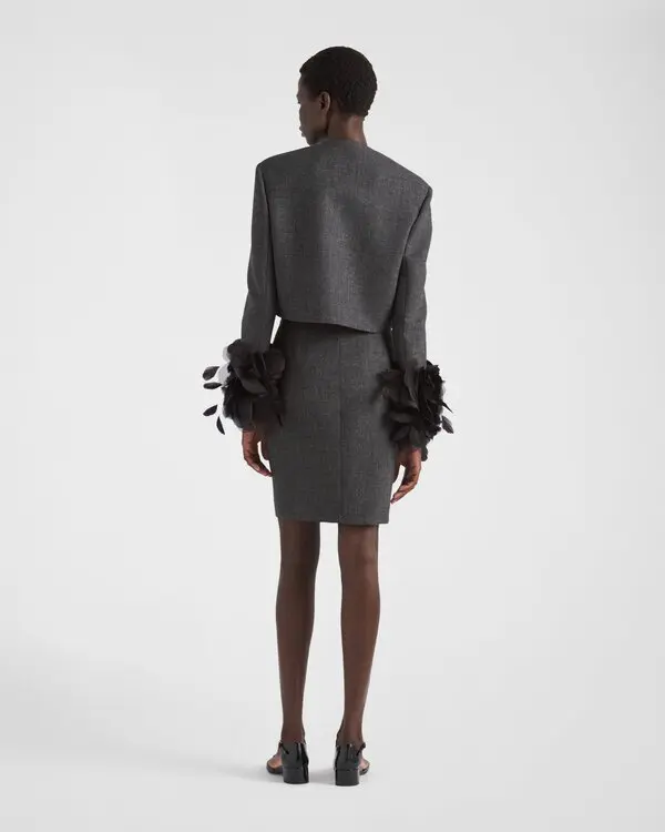 Prada Cropped Jacket With Jewel Buttons And Feather Cuffs
