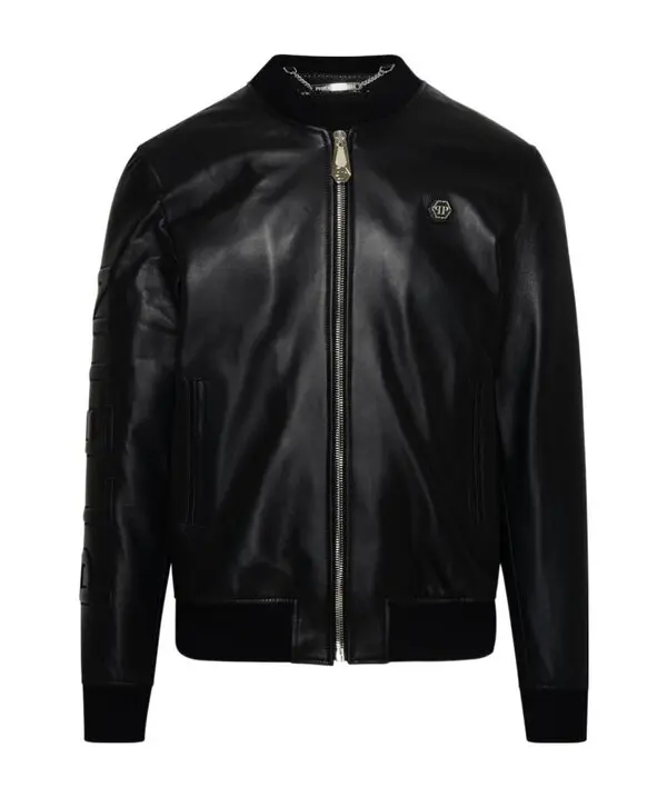 Philipp Plein Embossed Logo Leather Bomber Jacket