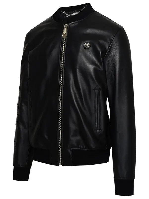 Philipp Plein Embossed Logo Leather Bomber Jacket