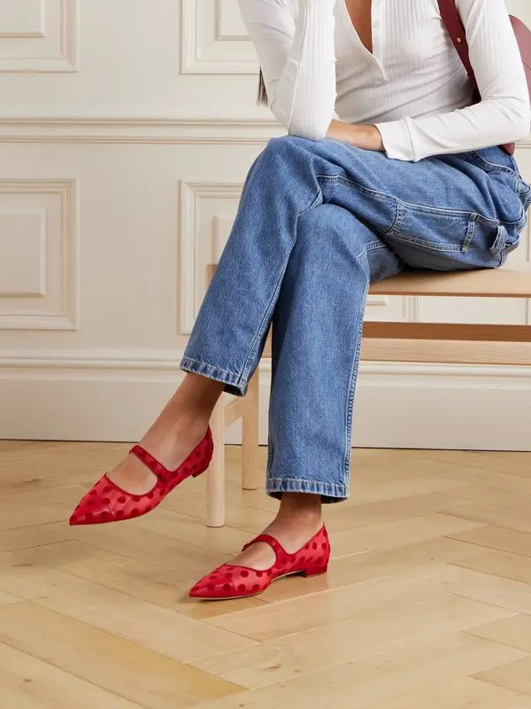 Manolo Blahnik Grosgrain-trimmed Flocked Mesh Ballet Flats