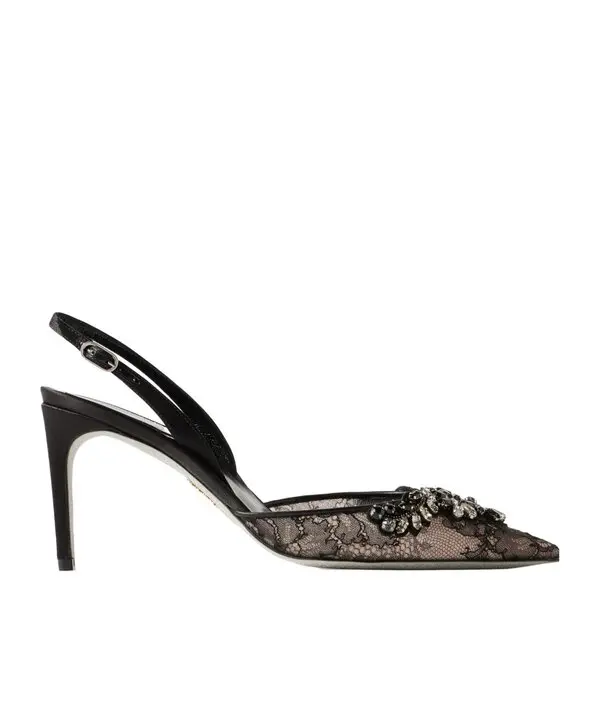 Rene Caovilla Crystal-embellished Lace And Satin Slingback Pumps - Black