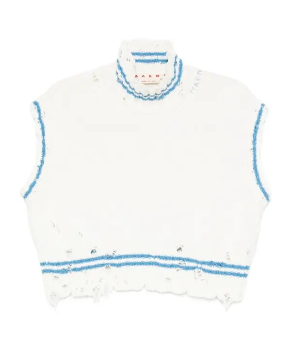 Marni High Neck Sleeveless Distressed Top - White