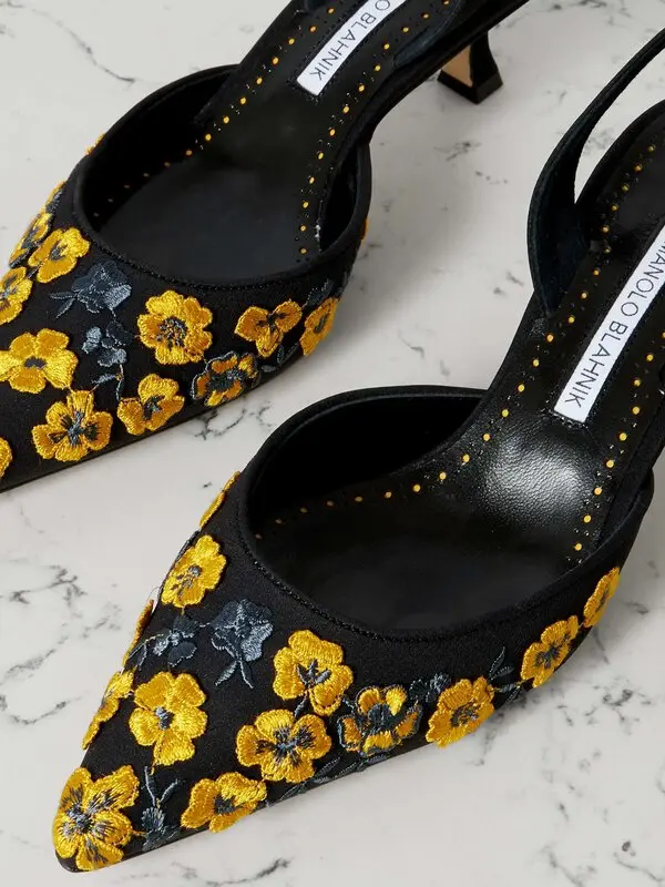Manolo Blahnik Pointed Toe Slingback High Heel Sandals With Floral Embroidery