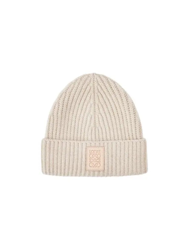 Loewe Logo Patch Ribbed Knit Beanie - Light Beige