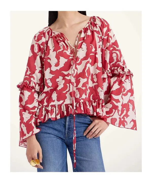 La DoubleJ Ruffled Tie-neck Boho Blouse - Red