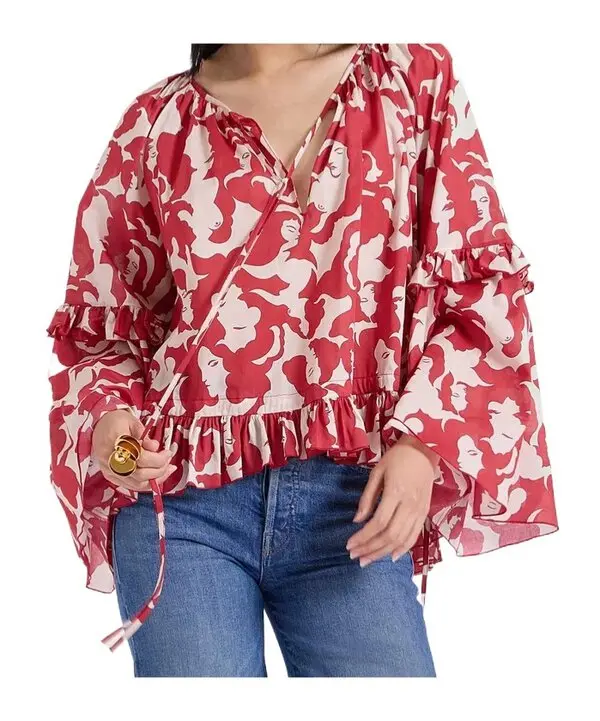 La DoubleJ Ruffled Tie-neck Boho Blouse - Red