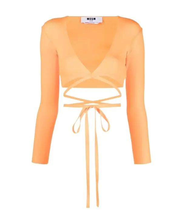 MSGM Cropped V-neck Top With Tie Detail