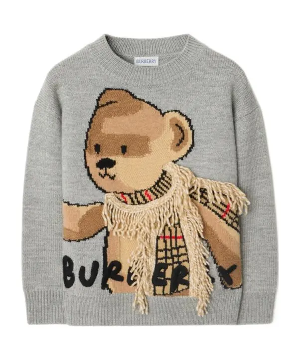 Burberry Thomas Bear Wool Sweater With Fringed Check Scarf - Light Grey Melange