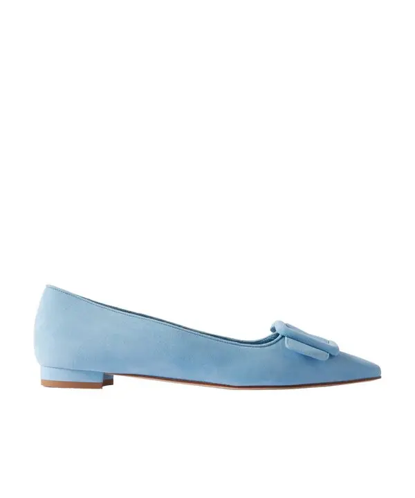 Manolo Blahnik Maysale Suede Point-toe Flats With Buckle Detail - Blue