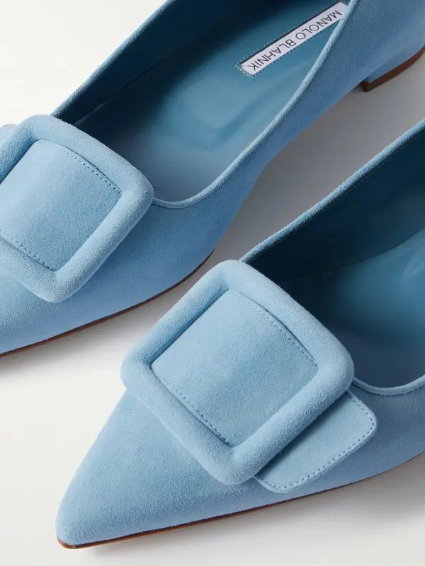 Manolo Blahnik Maysale Suede Point-toe Flats With Buckle Detail - Blue