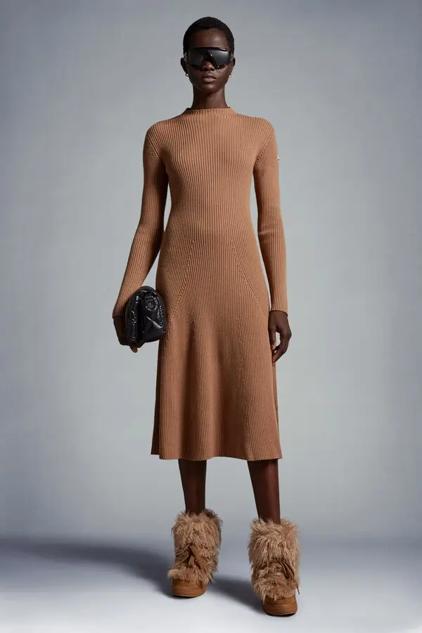 Moncler Ribbed Knit Midi Dress With Logo Patch