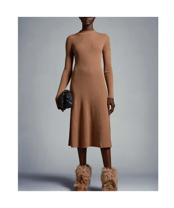 Moncler Ribbed Knit Midi Dress With Logo Patch