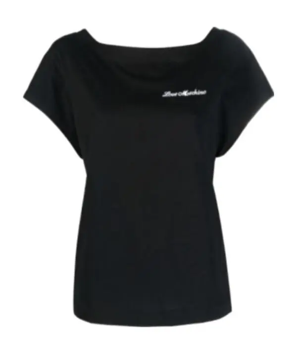 Moschino Round Neck Short Sleeve T-shirt With Embroidered Logo And Heart Appliqués - Black