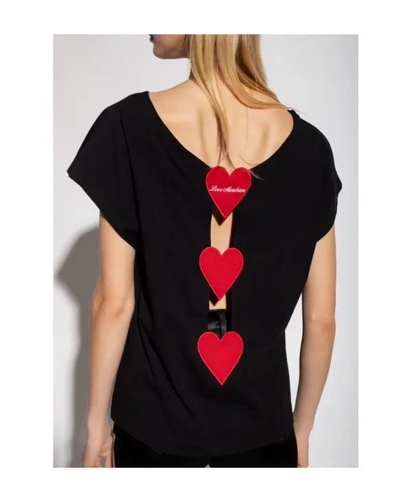 Moschino Round Neck Short Sleeve T-shirt With Embroidered Logo And Heart Appliqués - Black