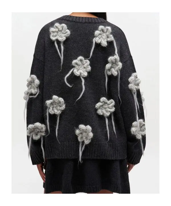 GANNI Floral Crochet Knit Sweater - Dark Gray