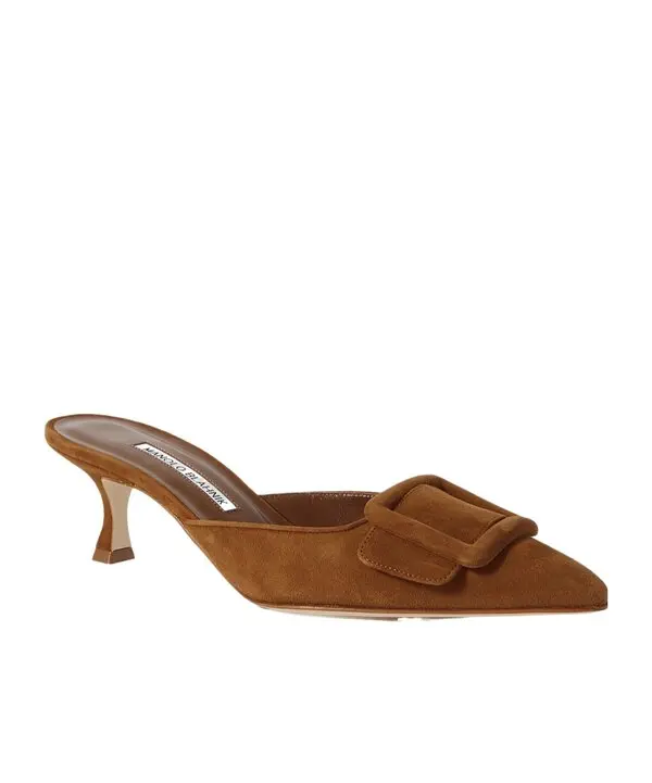 Manolo Blahnik Maysale 50 Buckle Suede Mules - Tan