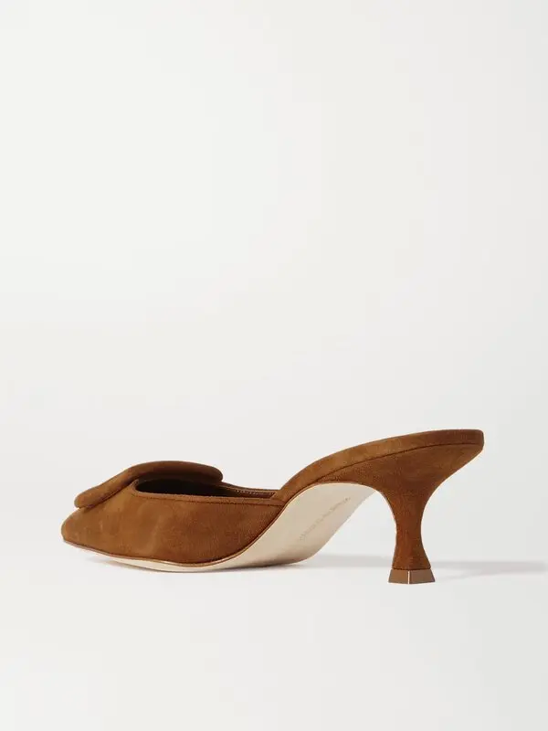 Manolo Blahnik Maysale 50 Buckle Suede Mules - Tan