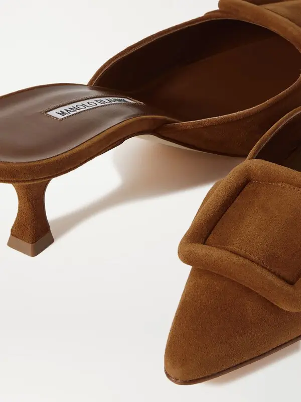 Manolo Blahnik Maysale 50 Buckle Suede Mules - Tan