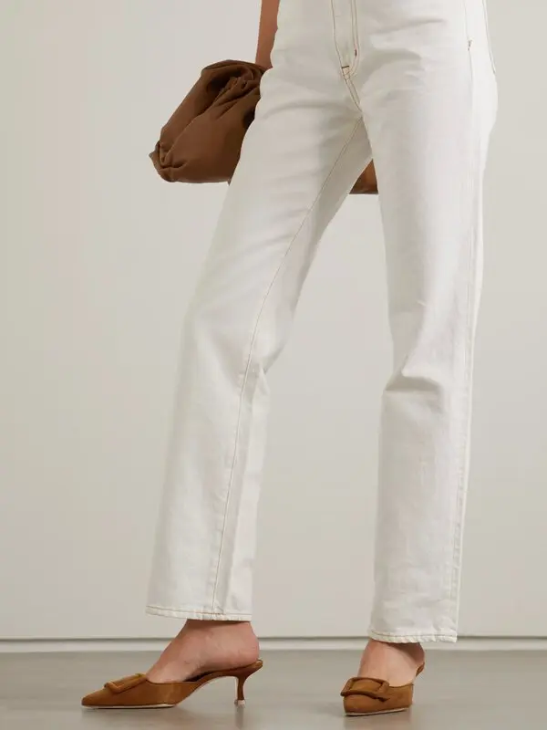 Manolo Blahnik Maysale 50 Buckle Suede Mules - Tan