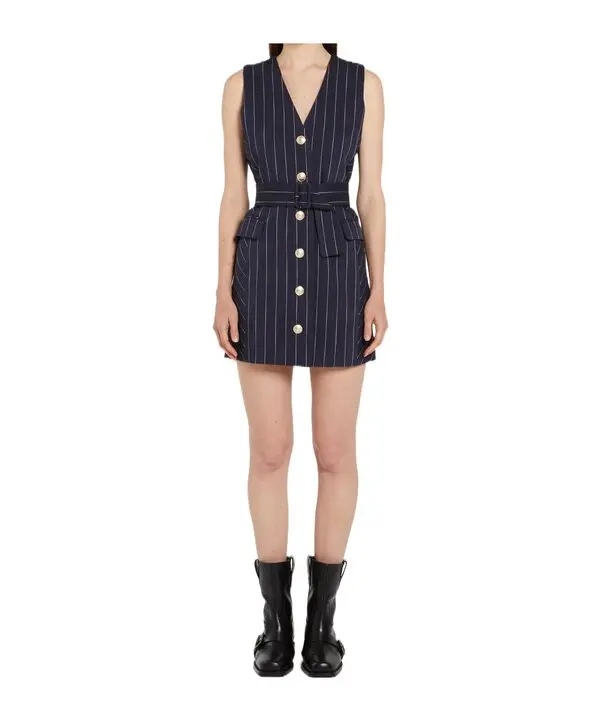 Marella Sleeveless V-neck Belted Mini Dress With Button Details