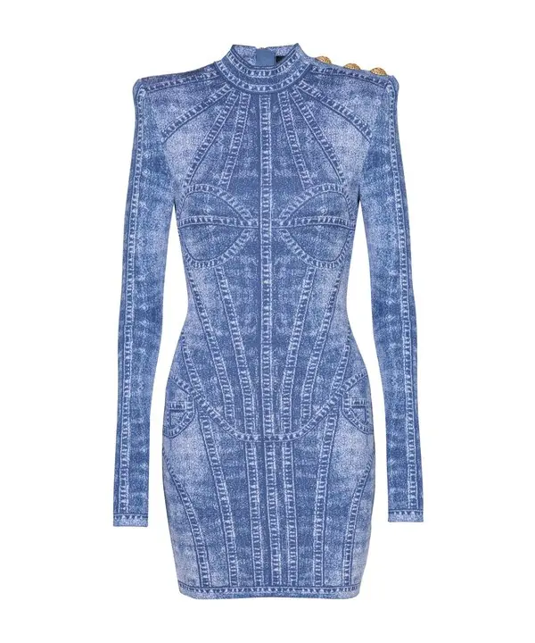 Balmain Denim Effect Jacquard Knit Dress