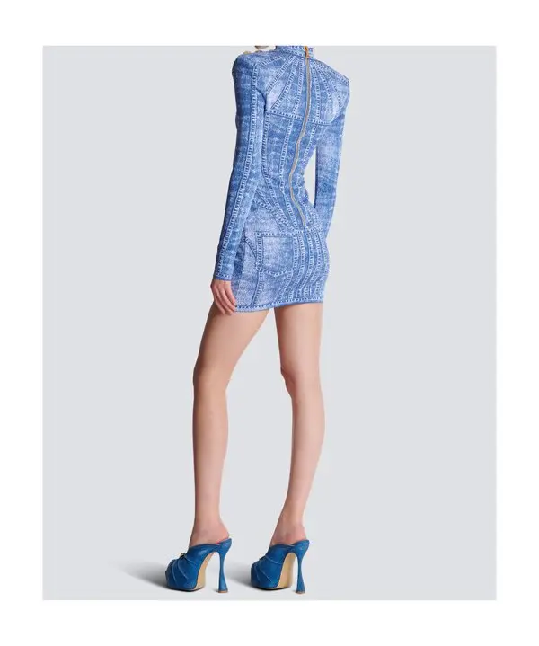 Balmain Denim Effect Jacquard Knit Dress