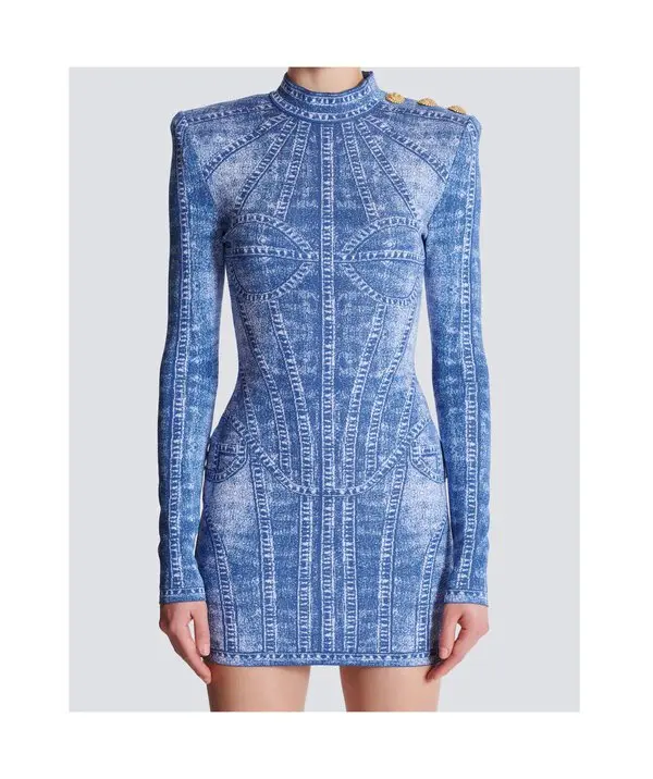 Balmain Denim Effect Jacquard Knit Dress
