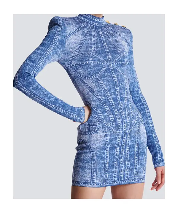Balmain Denim Effect Jacquard Knit Dress