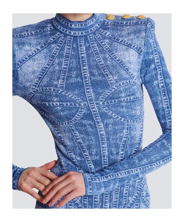 Balmain Denim Effect Jacquard Knit Dress